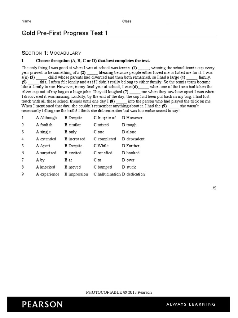 Gold Pre-First Progress Test 1: Name - Class | PDF