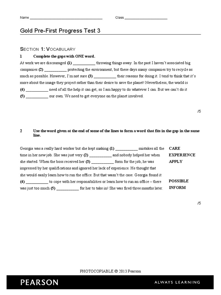 Gold Pre-First Progress Test 3: Name - Class | PDF