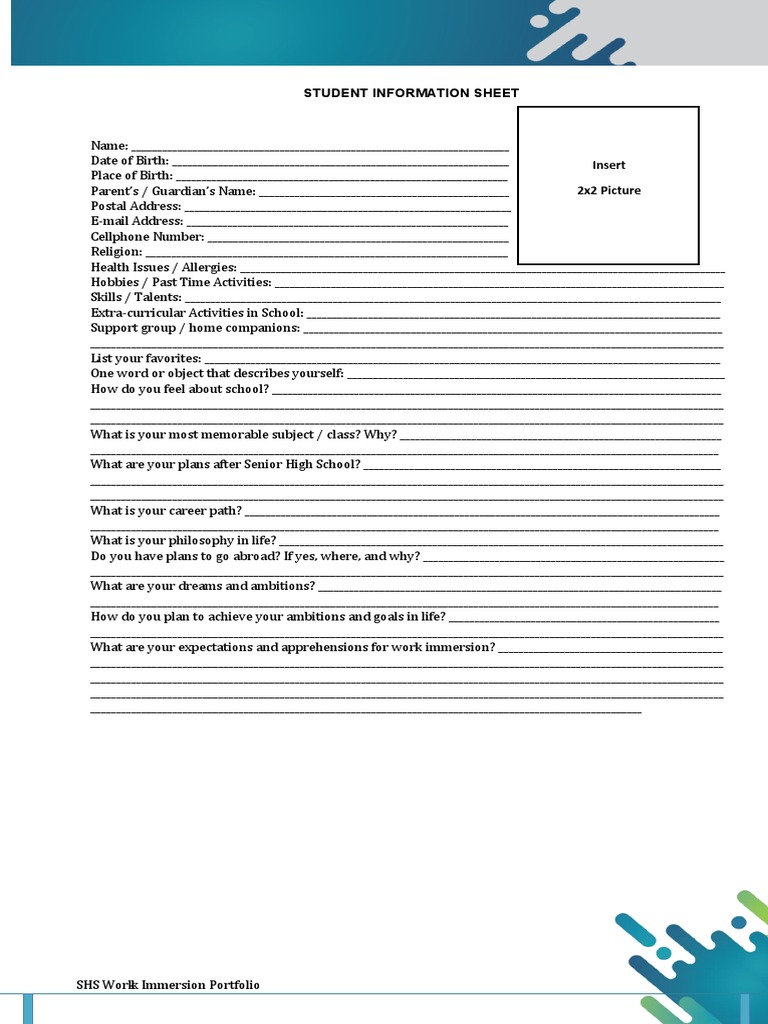 Work - Immersion - Students Profile | PDF | Cognition