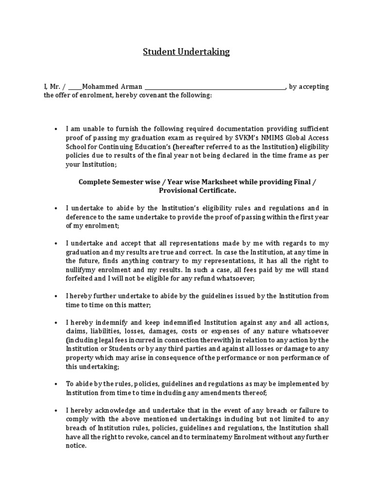 Student Enrollment Undertaking Form | PDF | Indemnity | Civil Law ...
