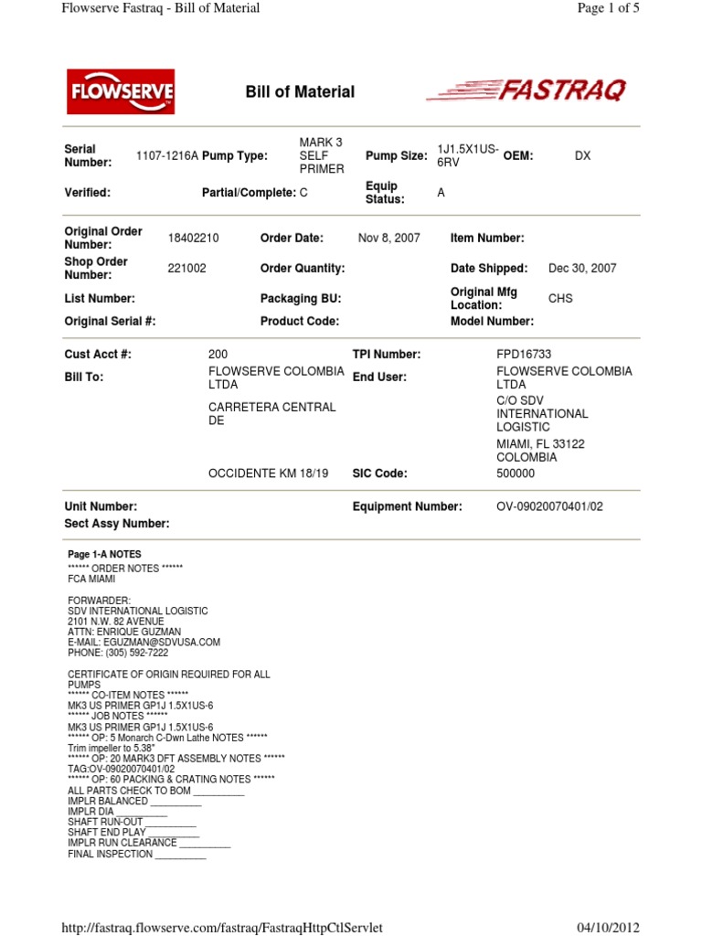 Bom Fastraq DX SN 1107-1216a | PDF | Pump | Machines