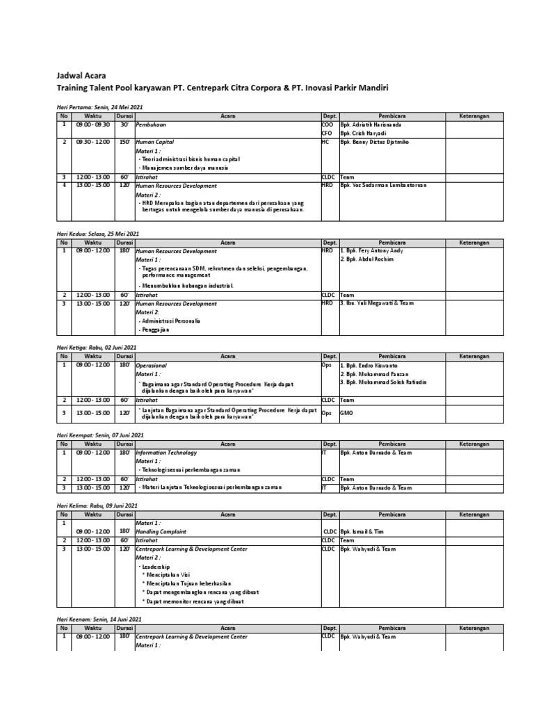 Jadwal Training Talent Pool Centrepark | PDF