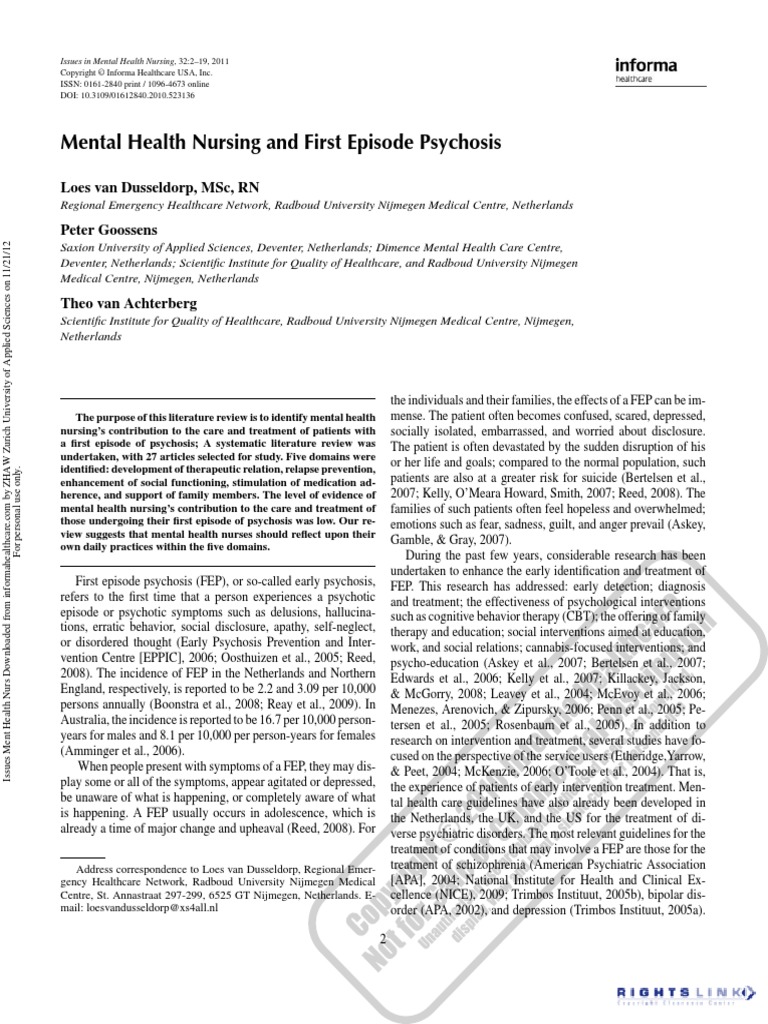 Mental Health Nursing and First Episode Psychosis | PDF | Psychosis ...
