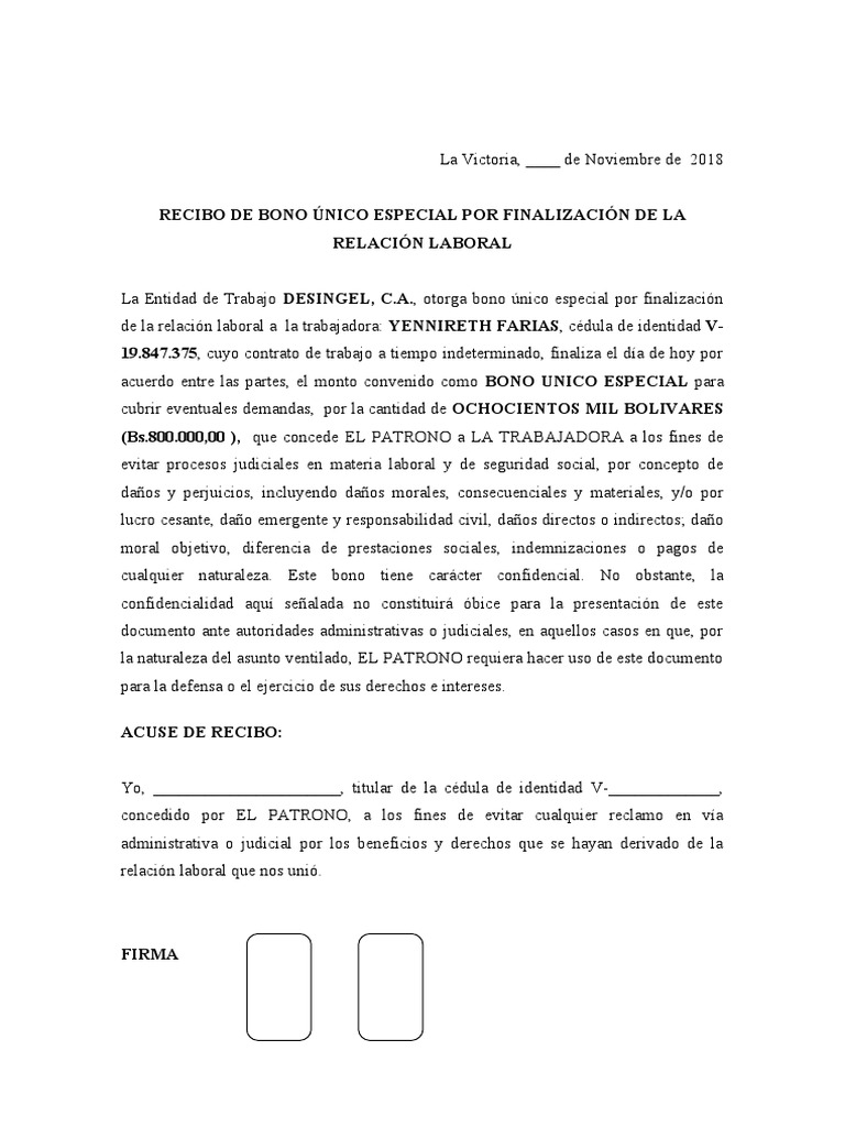 Recibo de Bono Único por Despido | PDF
