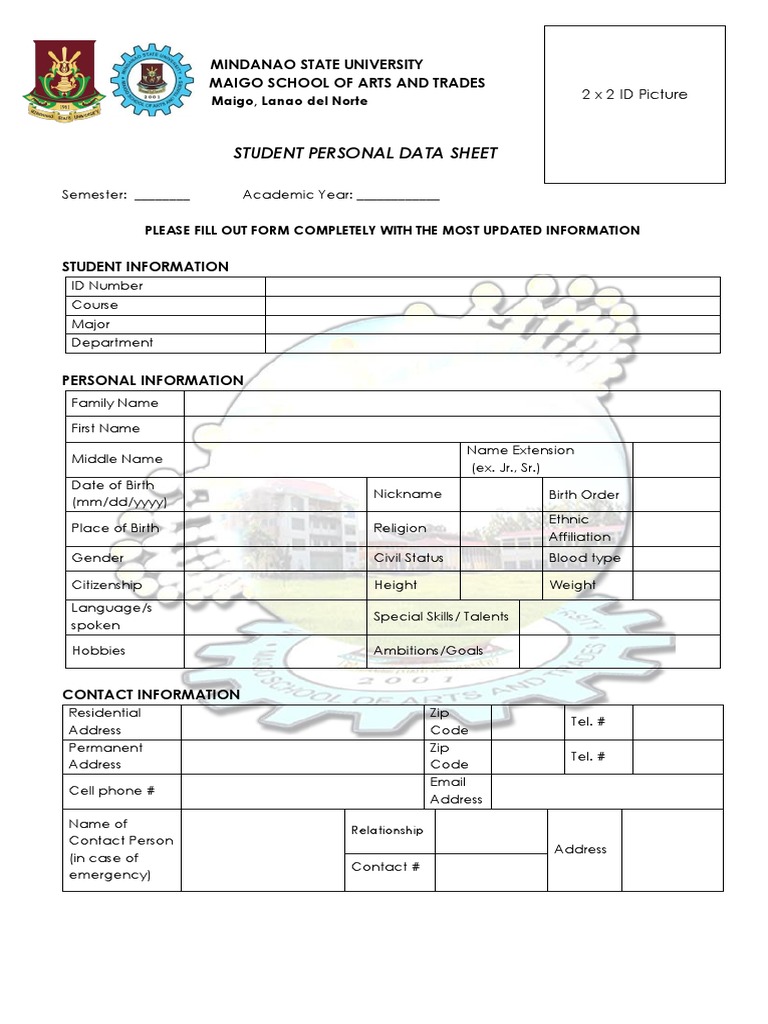 Student Personal Data Sheet (College) - 2 | PDF