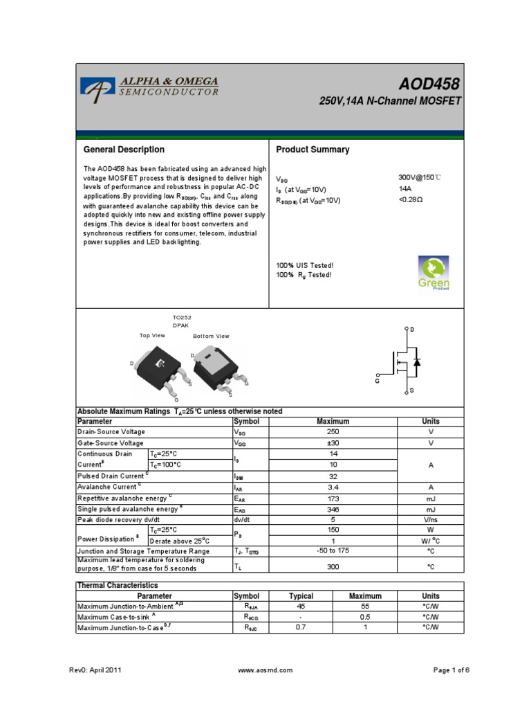 Aod 458 | PDF | Diode | Field Effect Transistor