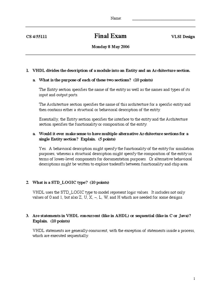 Vhdl Final Exam Questions On Vlsi Design And Fpga Architecture Pdf Vhdl Digital Technology 4475