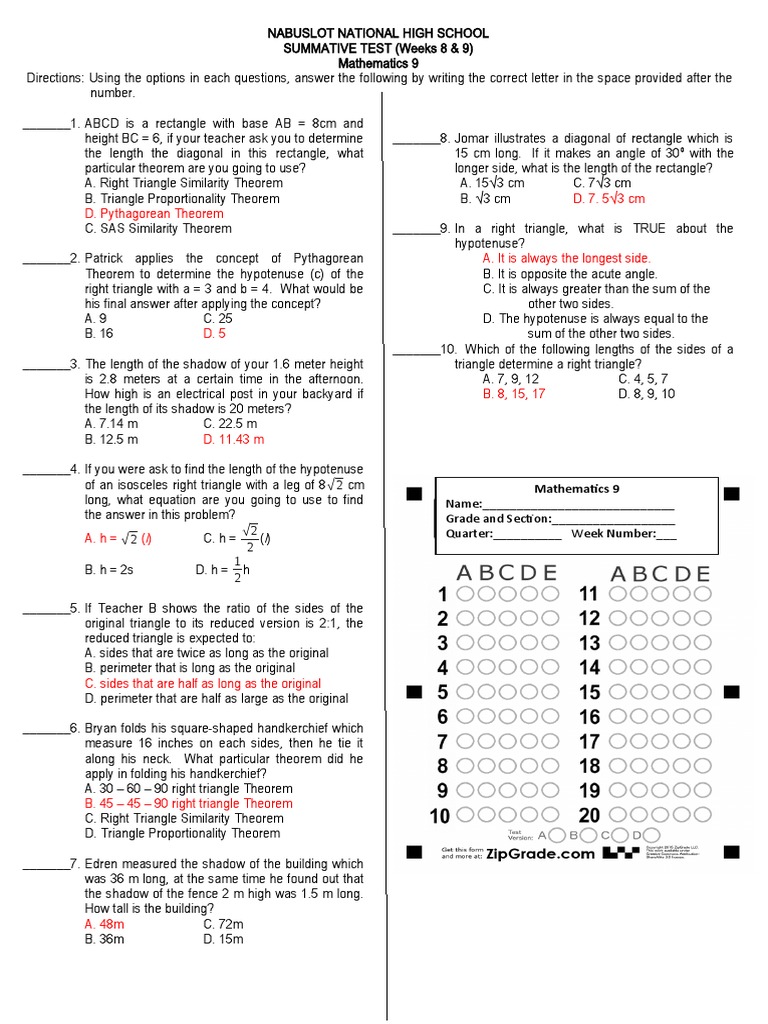 Grade 9 Triangle Similarity Test | PDF | Triangle | Euclidean Plane ...