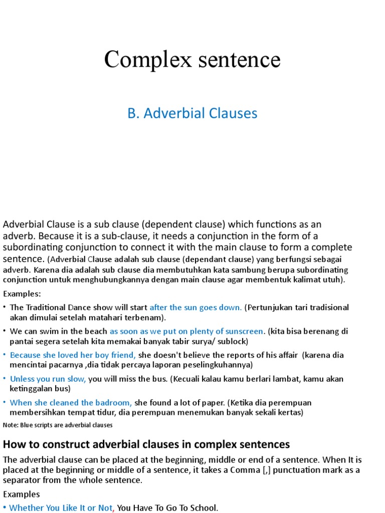 Complex Sentence: B. Adverbial Clauses | PDF | Adverb | Grammar