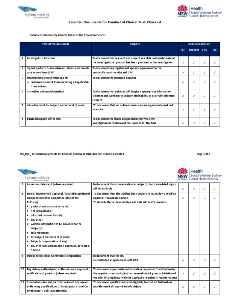 Clinical Trial Essential Documents Checklist | PDF | Clinical Trial ...