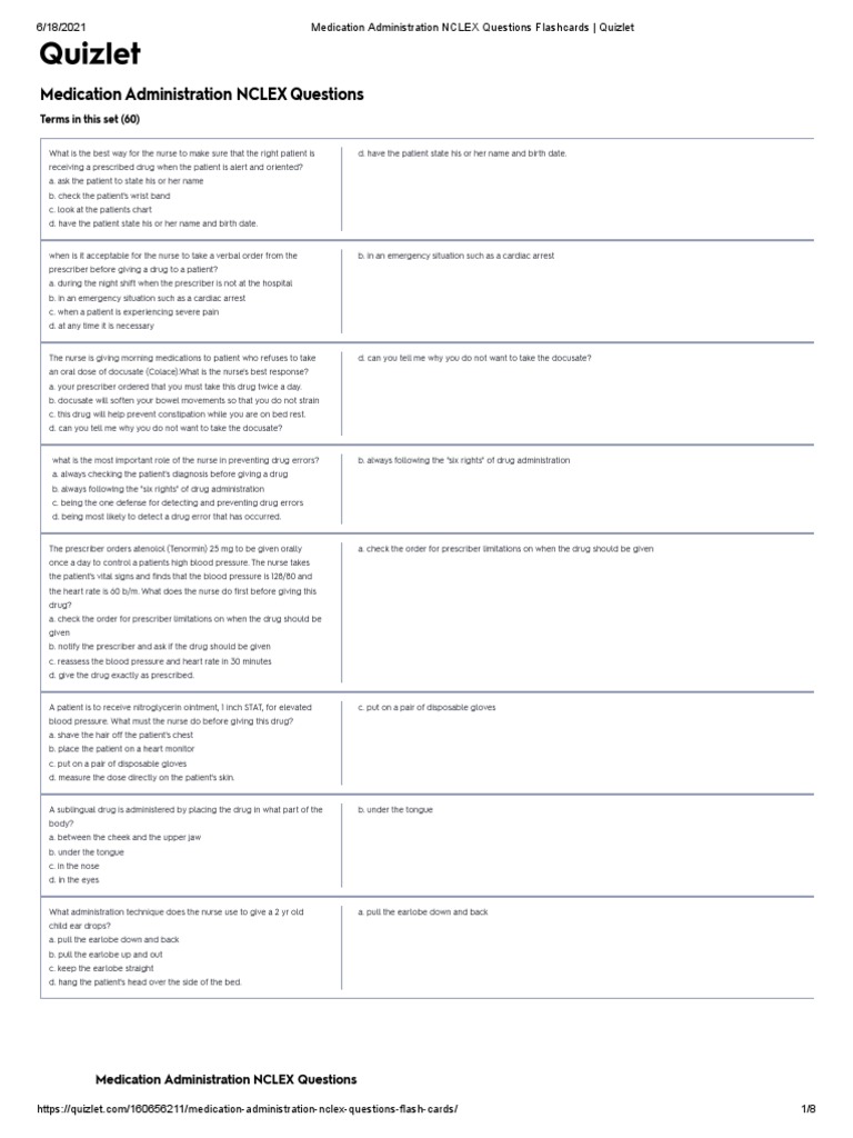 Medication Administration NCLEX Questions: Terms in This Set | PDF ...