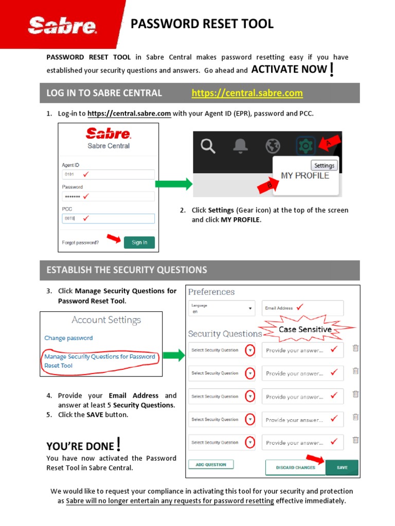 Reset Password in Sabre Central | PDF