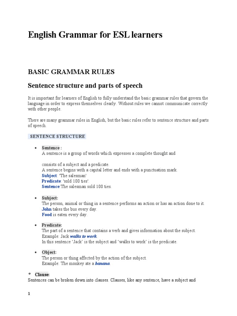 ESL Grammar Basics: Sentence Structure | PDF | Verb | English Grammar