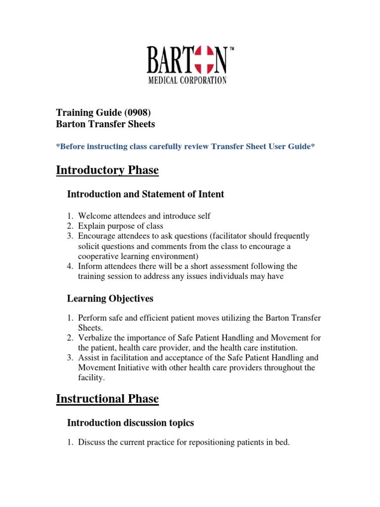 Introductory Phase: Training Guide (0908) Barton Transfer Sheets ...