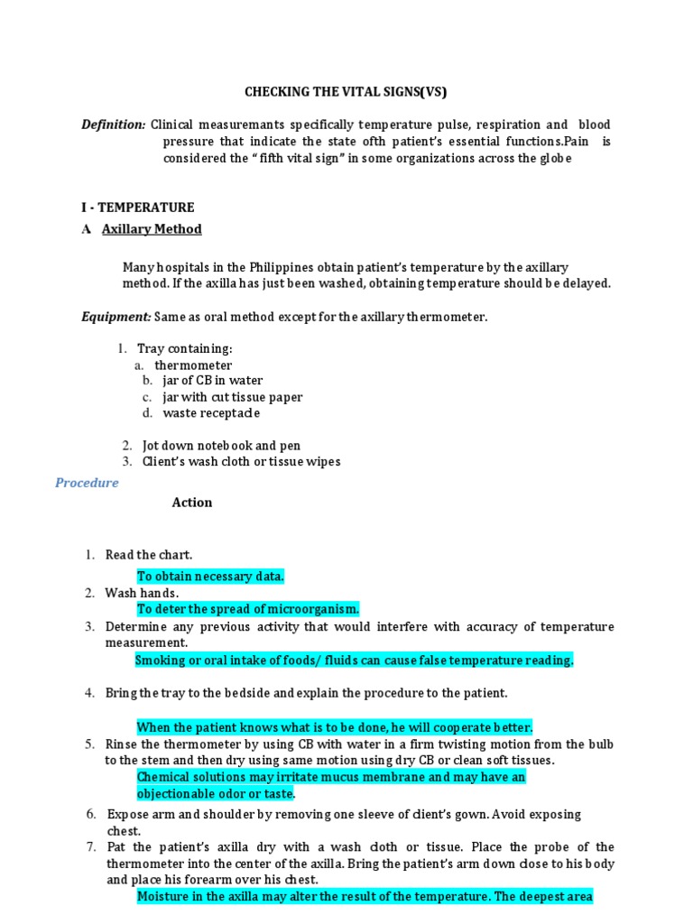 Vital Signs Measurement Procedures | PDF | Pulse | Blood Pressure
