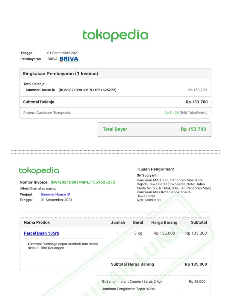 Nota Pembelian Parcel Buah Tokopedia | PDF