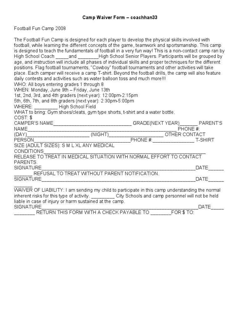 Camp Waiver Form - Coachhan33 | PDF | Career & Growth | Sports & Recreation