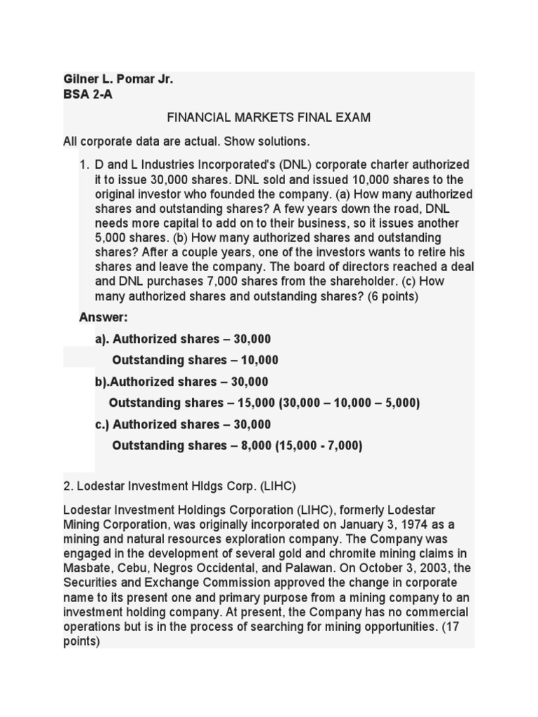 Financial Markets Final Exam | PDF | Price–Earnings Ratio | Stocks