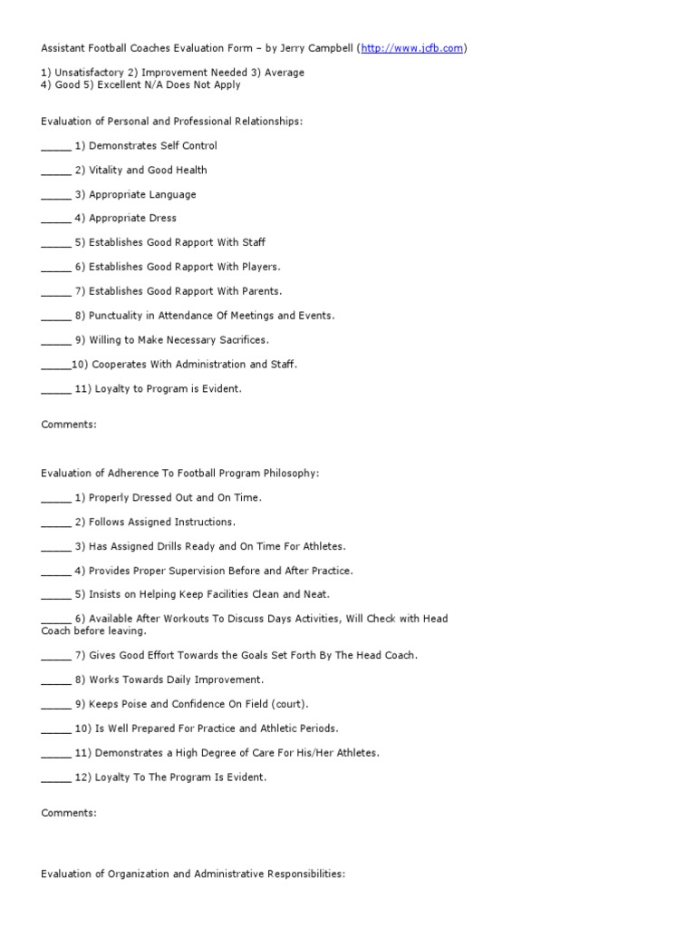 Assistant Football Coaches Evaluation Form - Jerry Campbell | PDF ...