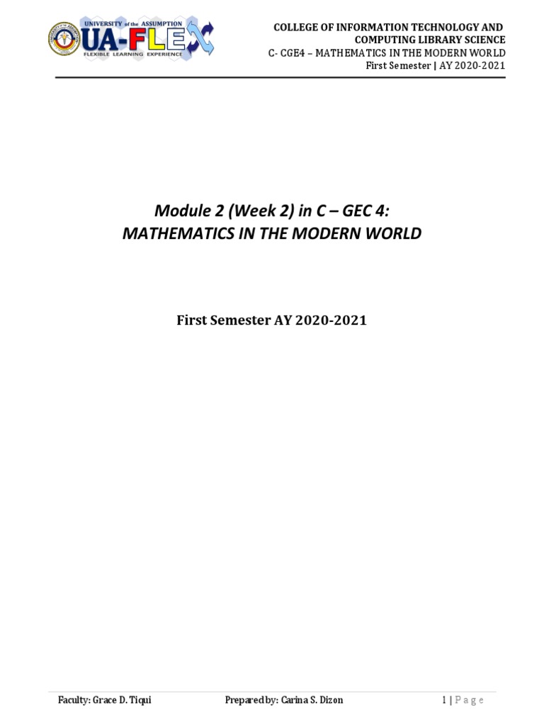 Module 2 (Week 2) in C - GEC 4: Mathematics in The Modern World | PDF ...