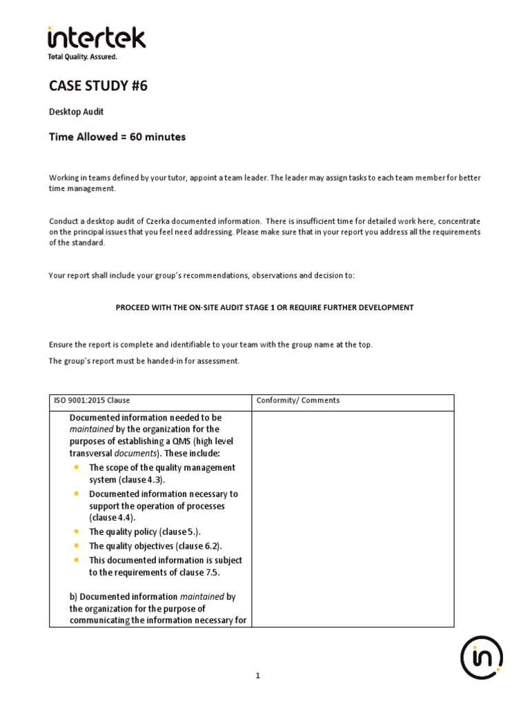 Czerka Desktop Audit Case Study | PDF | Audit | Quality Management System