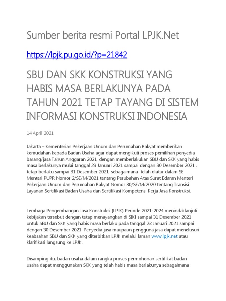 SBU & SKK 2021 Tetap Berlaku Hingga Desember | PDF