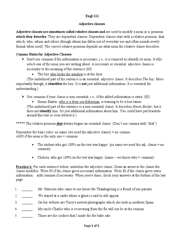 Adjective Clauses Handout | PDF | Clause | Adjective