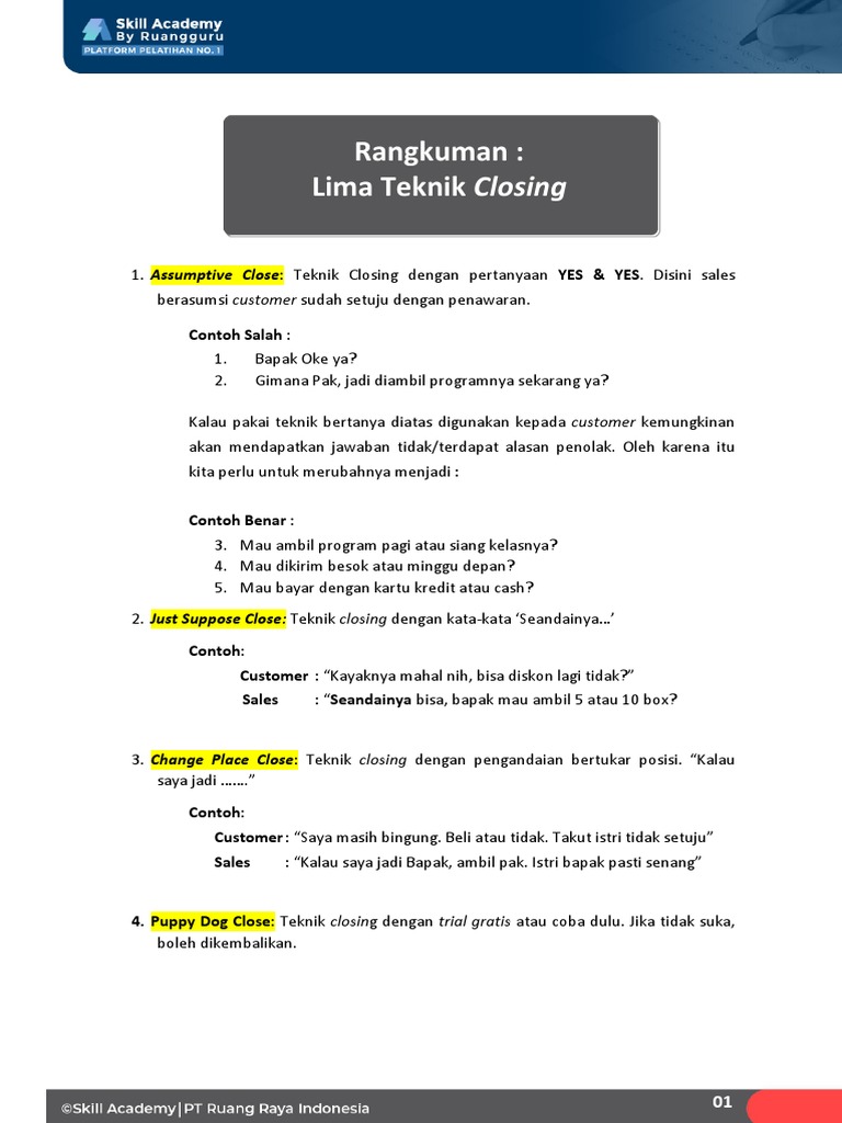 Rangkuman: Lima Teknik Closing | PDF
