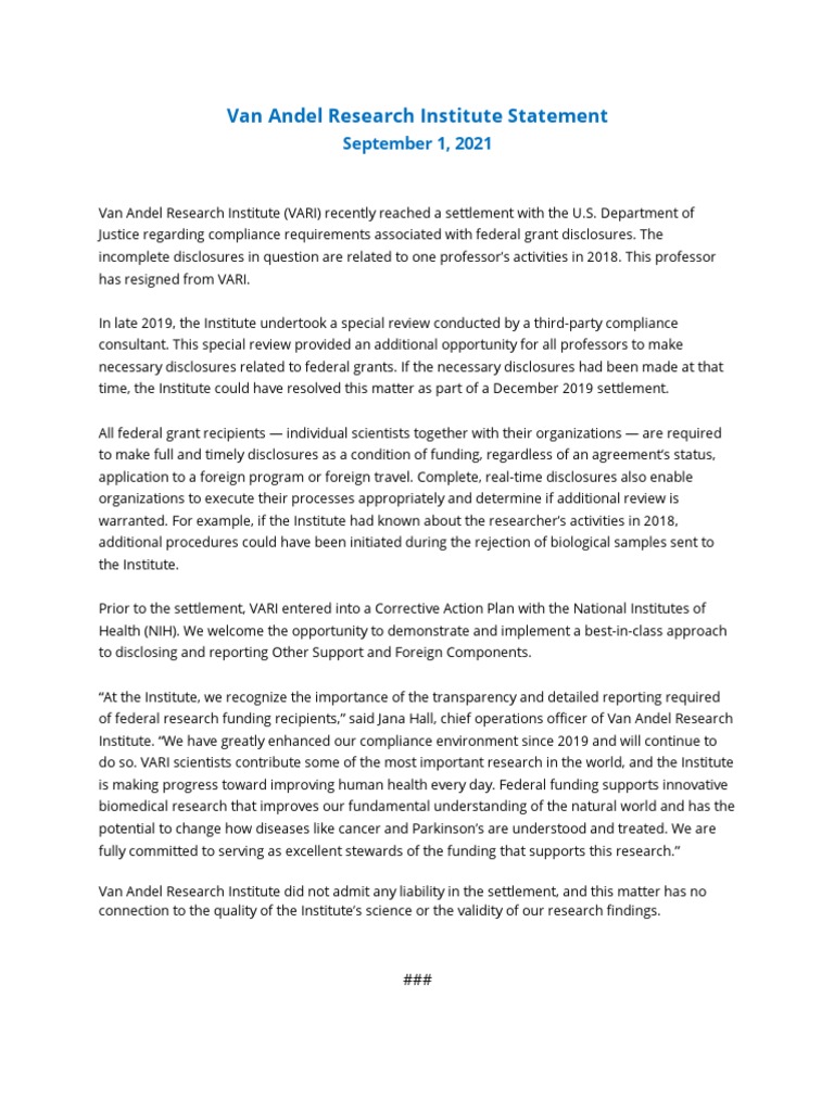 Van Andel Research Institute Statement: September 1, 2021 | PDF | Regulatory Compliance