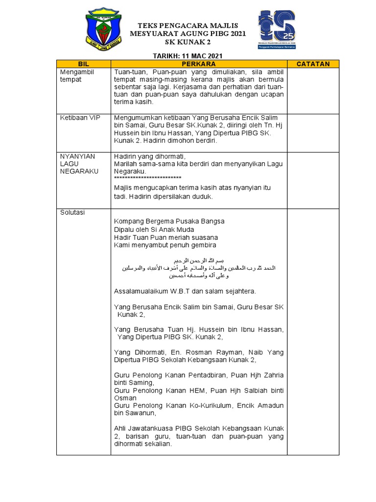 Teks Pengacara Mesyuarat Agung Pibg - 2021 | PDF