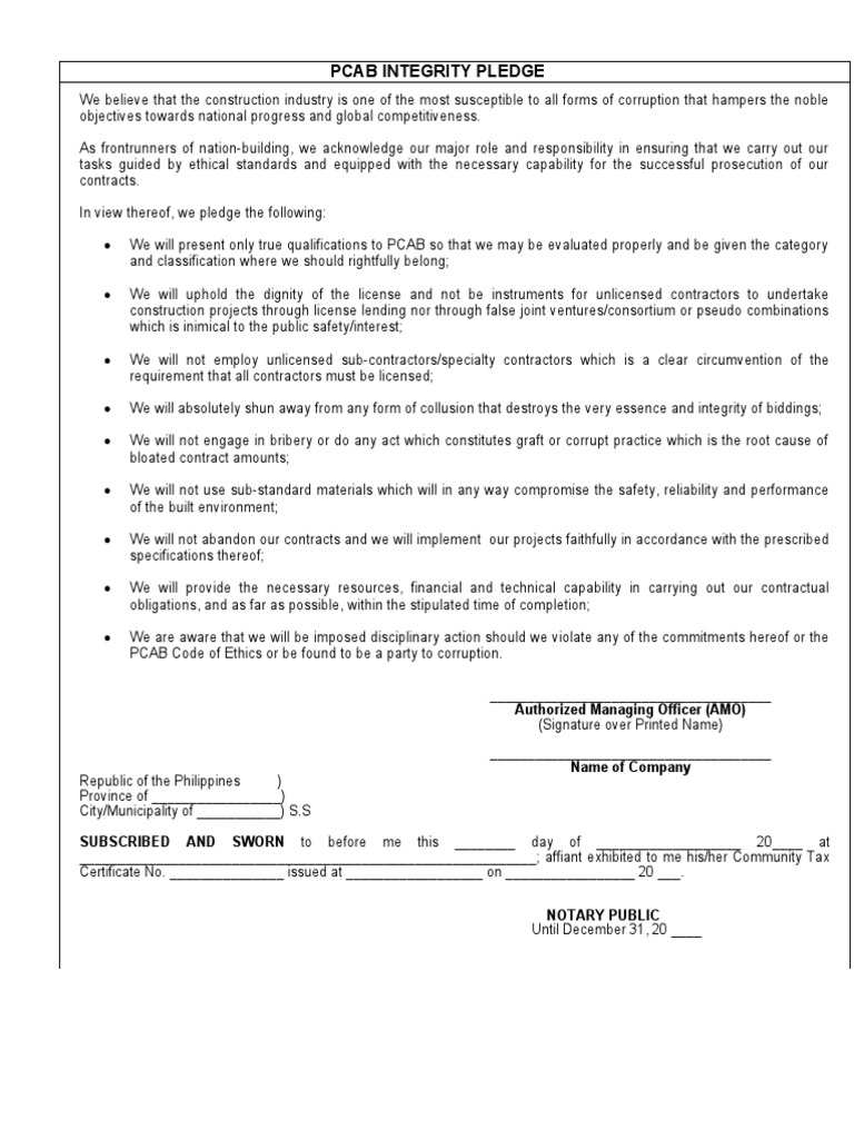 Pcab Integrity Pledge | PDF | Government | Economies
