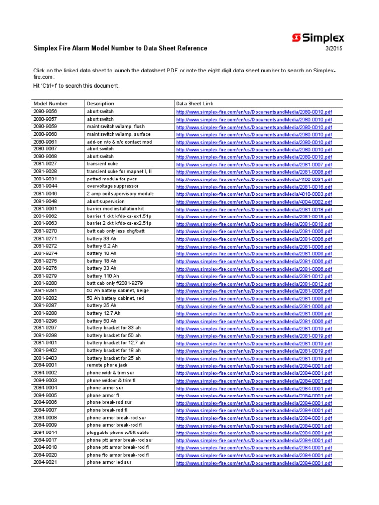 Simplex Fire Alarm Model Number To Data Sheet Reference | PDF ...