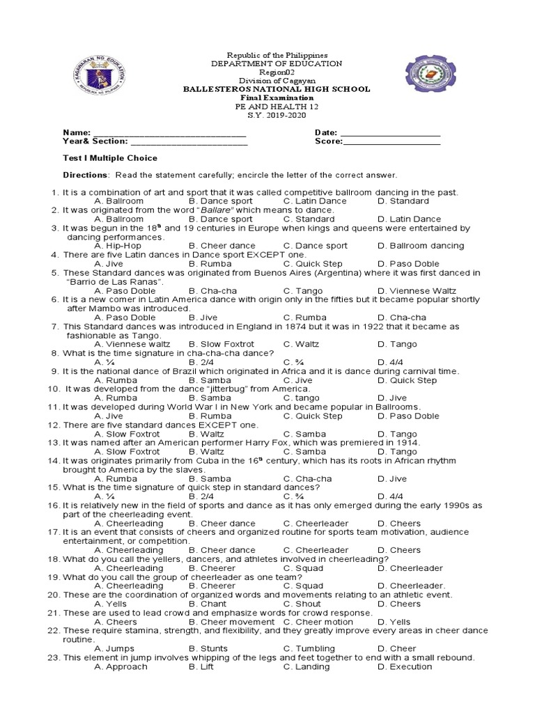 Final Exam Pe12 | PDF | Ballroom Dance | Hip Hop Music