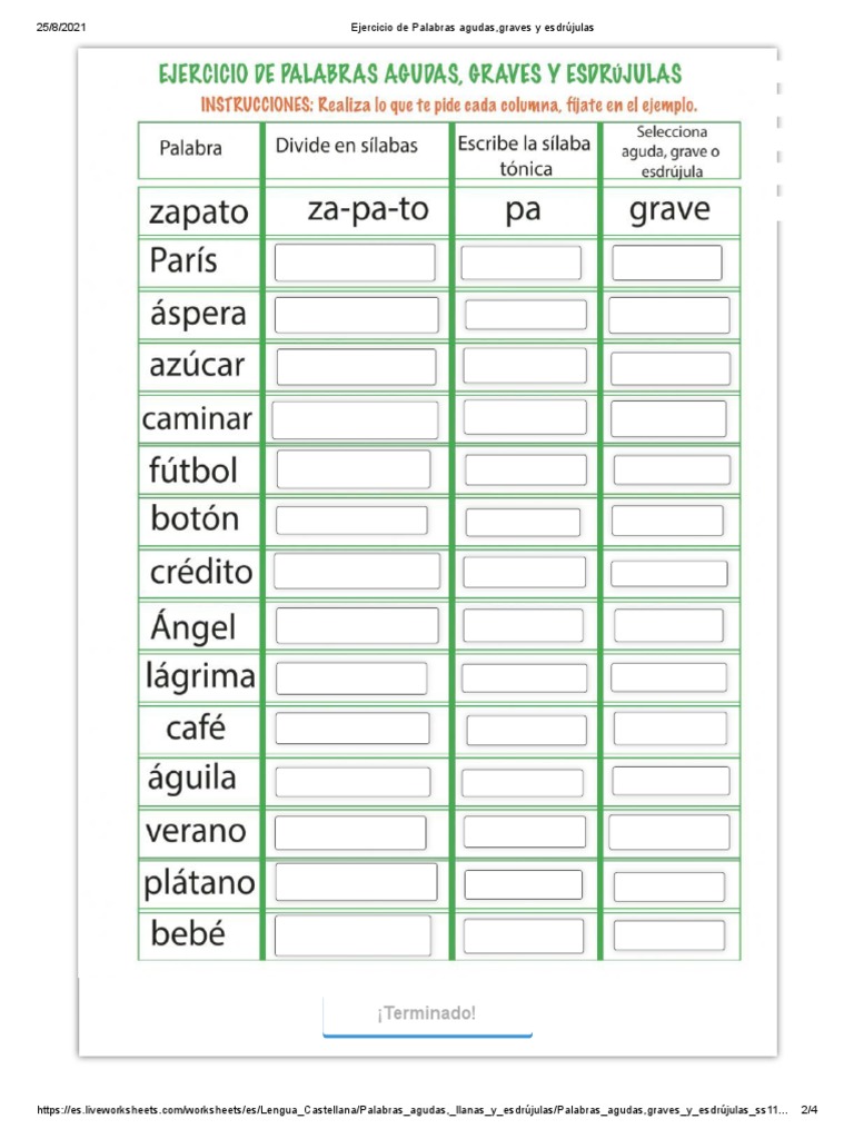 Ejercicio de Palabras Agudas, Graves y Esdrújulas | PDF