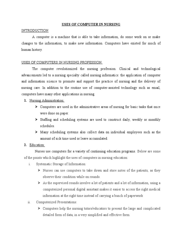 Uses of Computer in Nursing | PDF | Electronic Health Record | Nursing