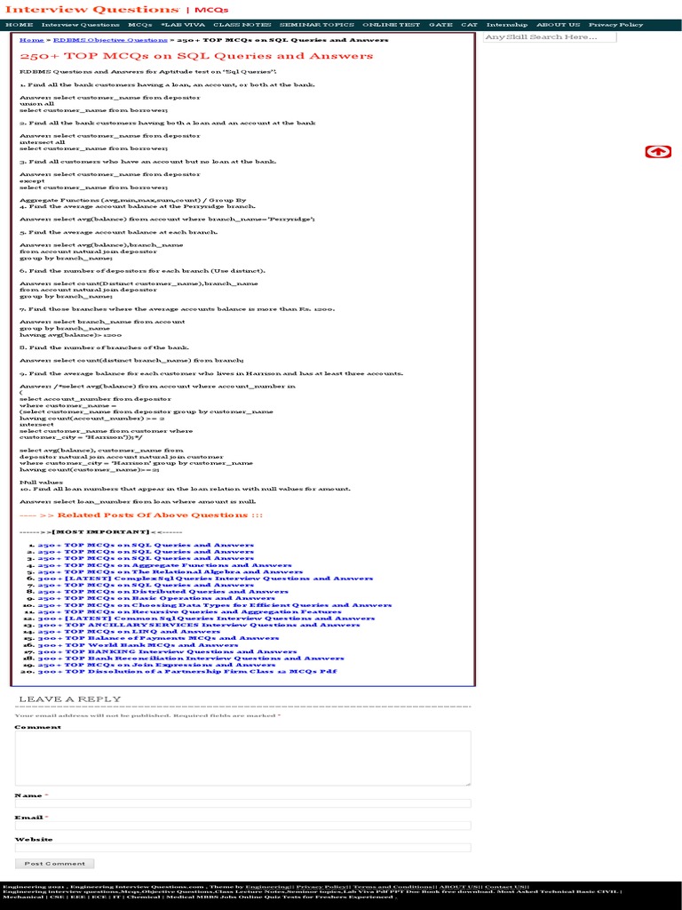 250 Top Mcqs On Sql Queries And Answers Quiz Pdf Deposit Account Banks 