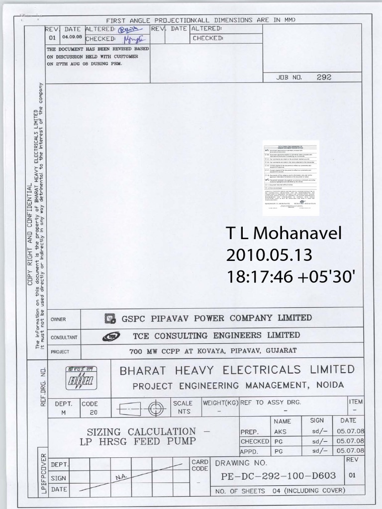 LPBFP - Sizing Calculation LP HRSG Feed Pump - Doc PG DC 292 100 d603 ...