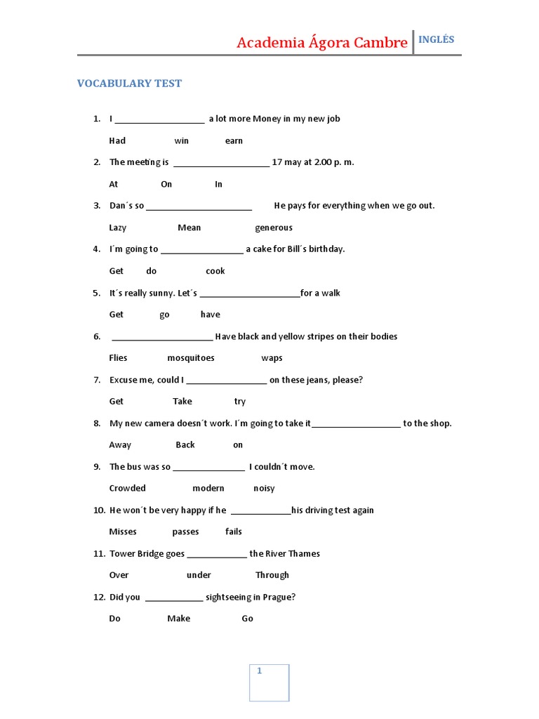 English Vocabulary Test for Students | PDF