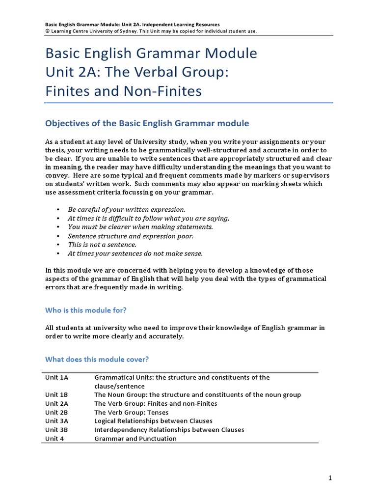 Basic English Grammar Module Unit 2A: The Verbal Group: Finites and Non ...