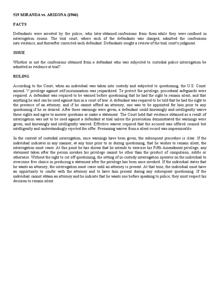 519 MIRANDA vs. ARIZONA (1966) Facts | PDF | Miranda Warning | Criminal ...