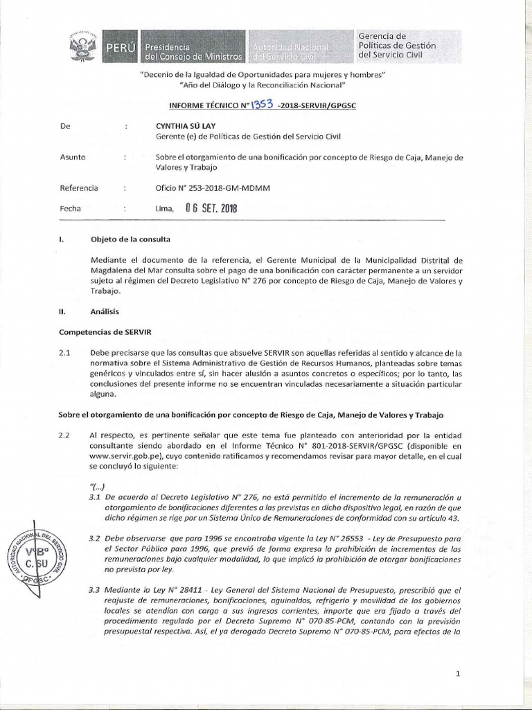 Informe Técnico 1353-2018-SERVIR-GPGSC | PDF | Presupuesto | Regulación