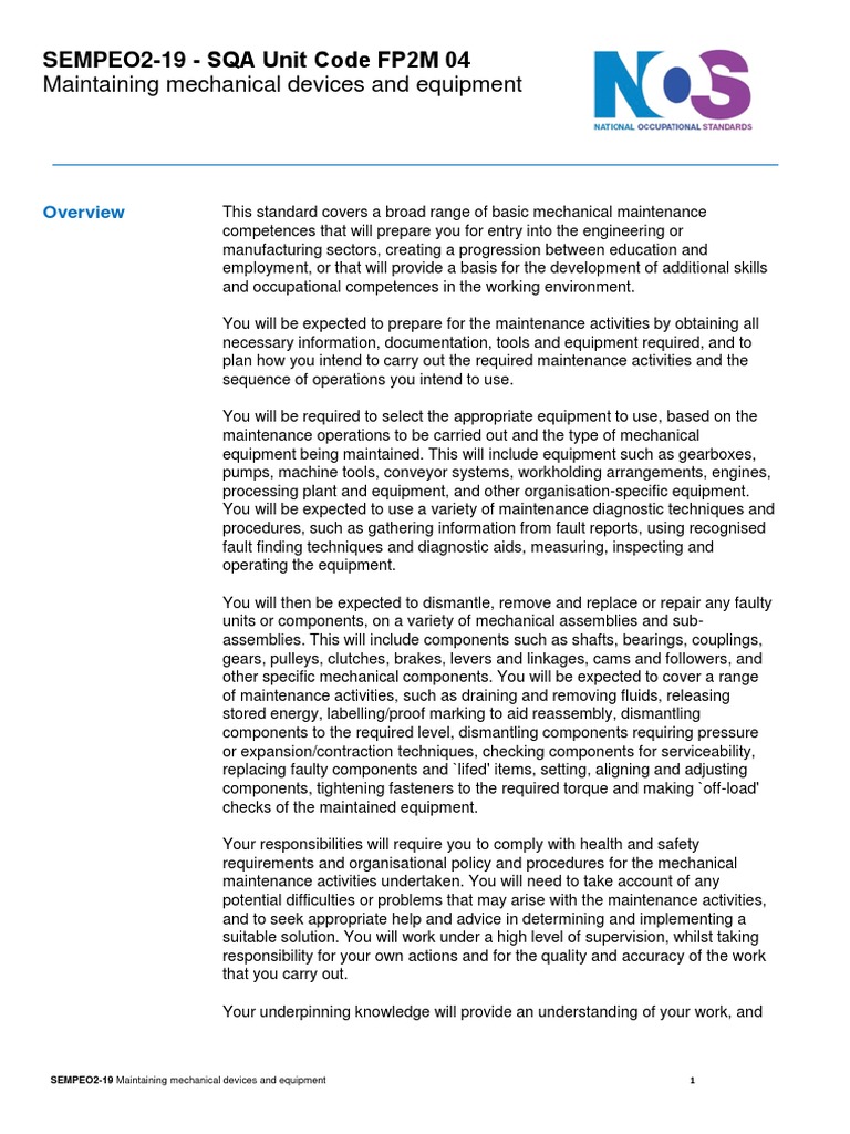 Maintaining Mechanical Devices and Equipment: SEMPEO2-19 - SQA Unit Code FP2M 04 | PDF ...