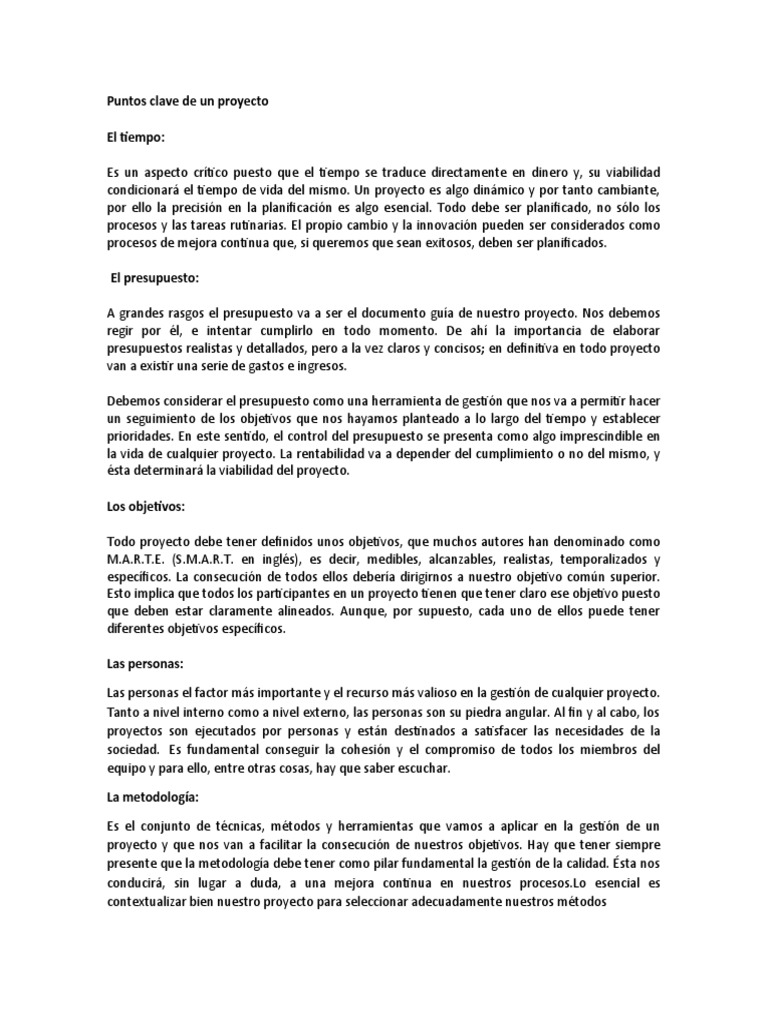 Puntos Clave de Un Proyecto | PDF | Presupuesto | Planificación
