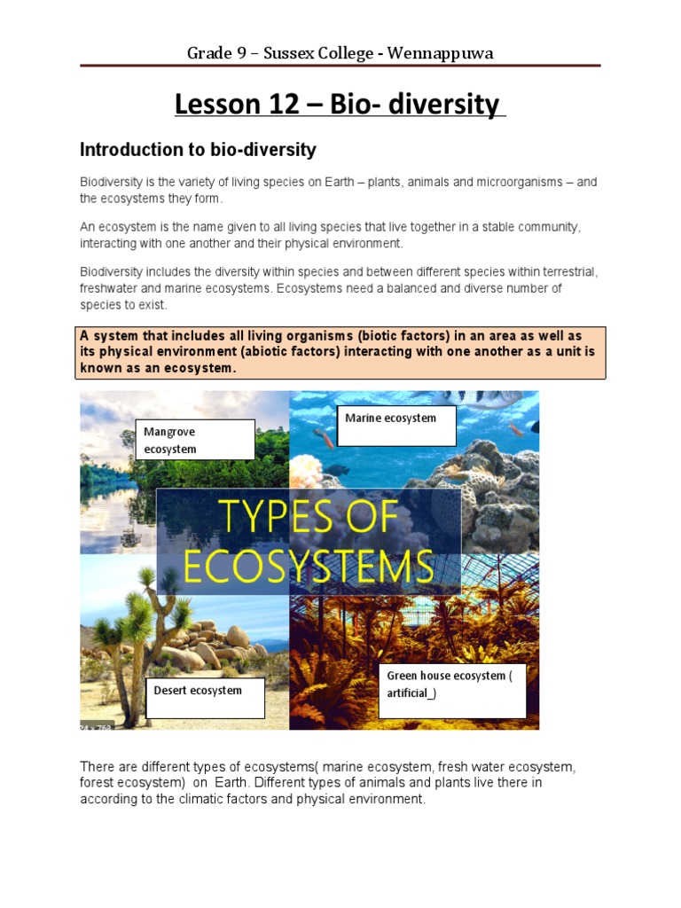 Lesson 12 - Bio-Diversity | PDF | Biodiversity | Ecosystem