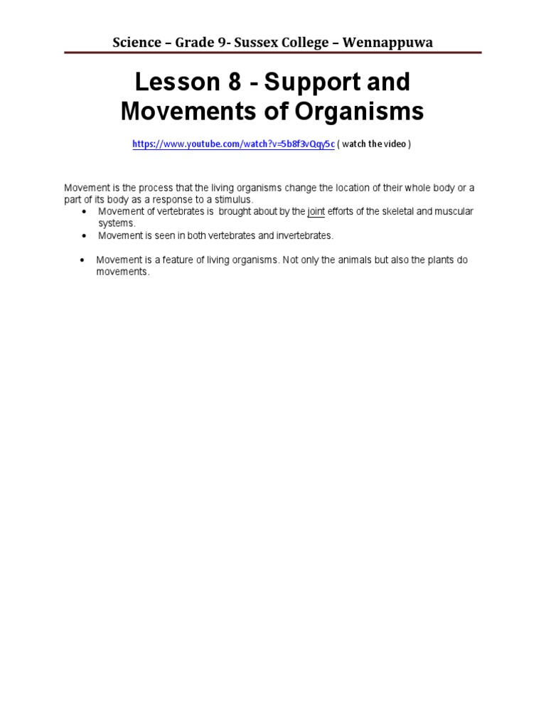 Lesson 8 - Support and Movements of Organisms: Science - Grade 9-Sussex ...