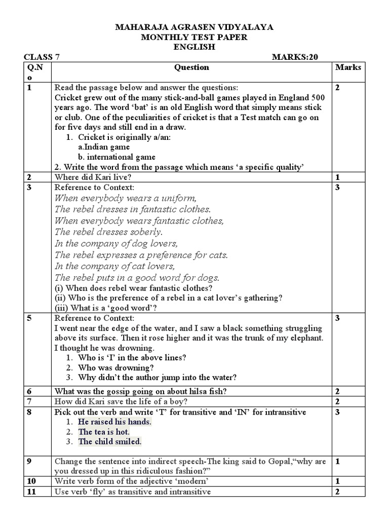Maharaja Agrasen Vidyalaya Monthly Test Paper English Class 7 MARKS:20 ...