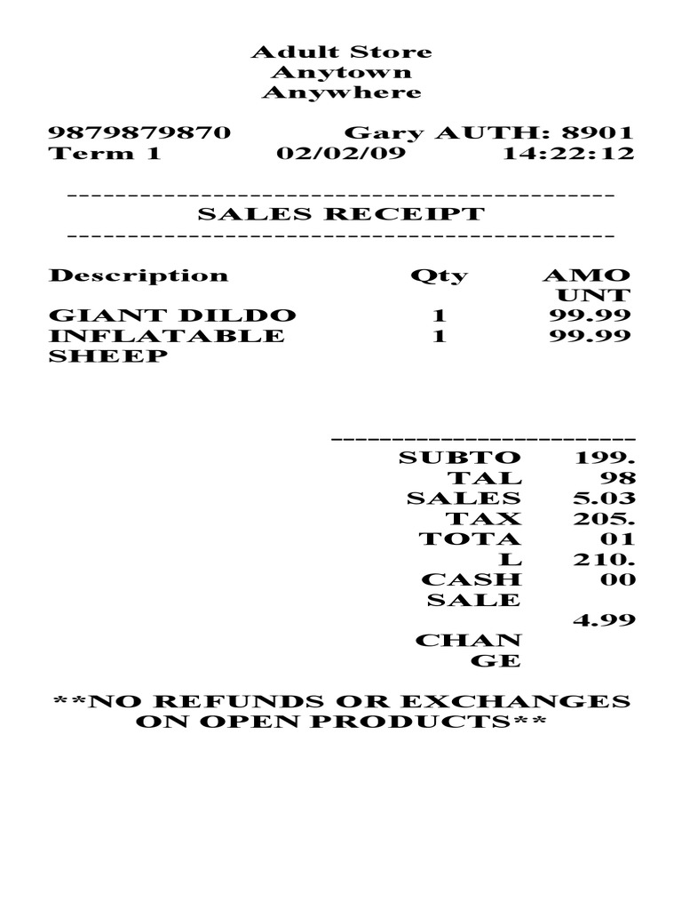 Gag Receipt for Adult Store Purchase | PDF