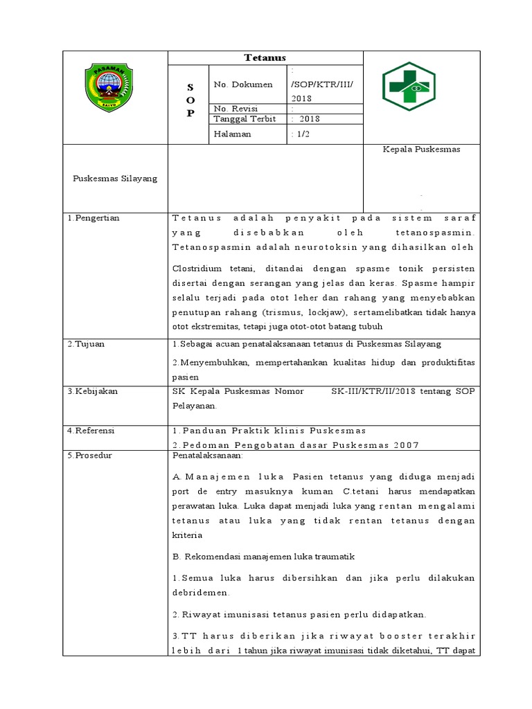 SOP Penanganan Tetanus di Puskesmas | PDF | Kesehatan Holistik | Sains ...