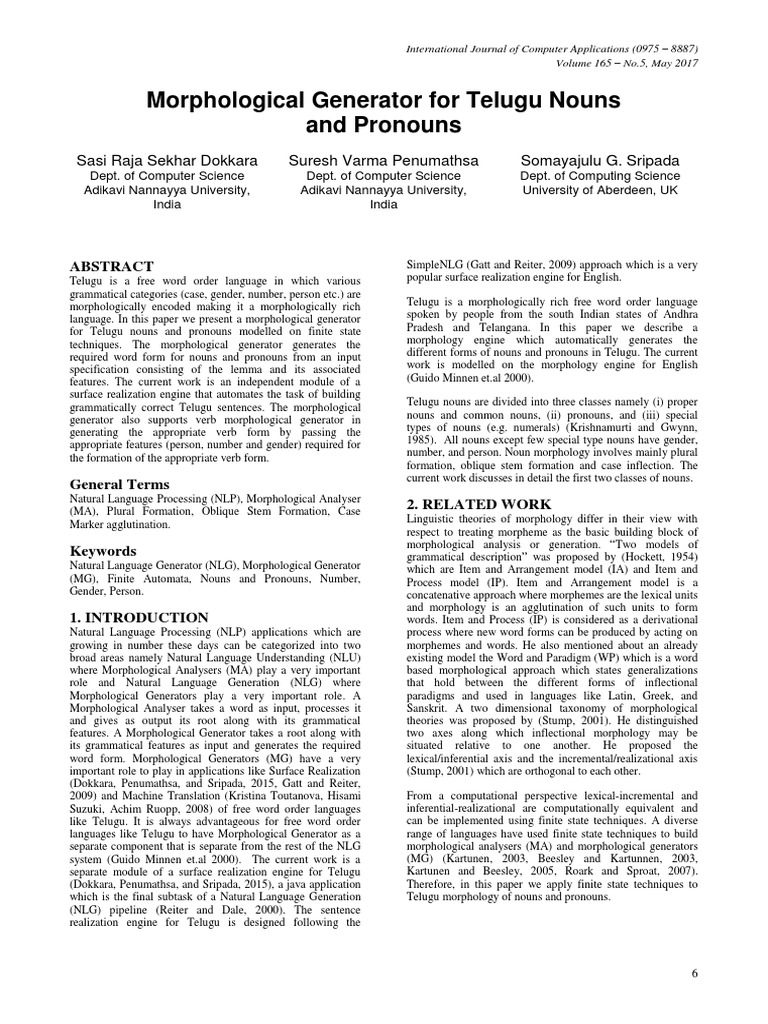 Morphological Generator For Telugu Nouns and Pronouns | PDF ...