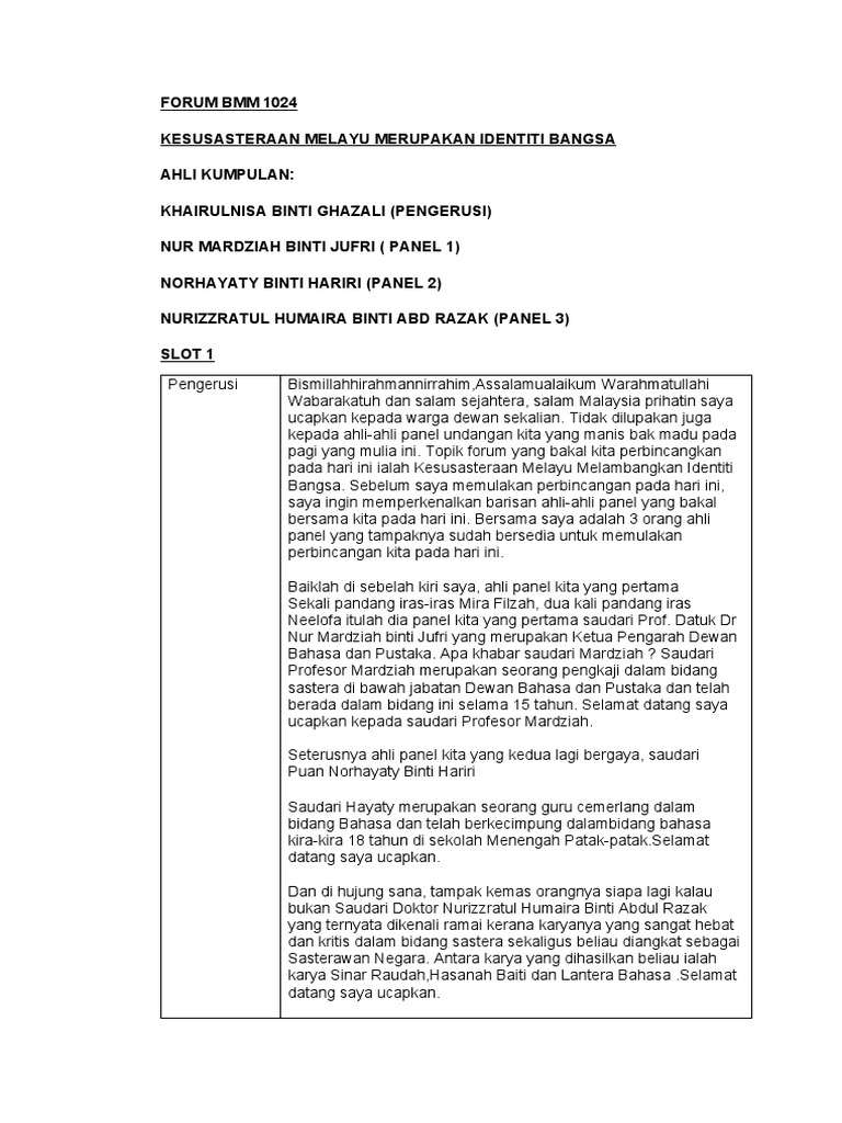 Contoh Forum Tentang Kesusasteraan Bahasa Melayu | PDF